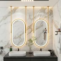 China Kingstin Luxury Oval Ceiling Hanging LED Mirror Gold Brushed Frame, Smart Touch Switch Anti-Fog Suspension Bath Mirror for sale
