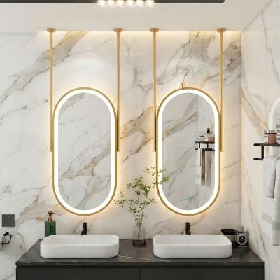 China Kingstin Luxury Oval Ceiling Hanging LED Mirror Gold Brushed Frame, Smart Touch Switch Anti-Fog Suspension Bath Mirror for sale