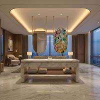 China Kingstin Custom Height Ceiling Hanging LED Mirror, Double-Sided Art Decorative Suspended Mirror with Metal Rods, Hotel Projects for sale