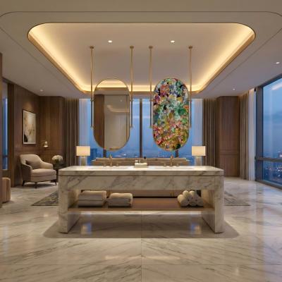 China Kingstin Custom Height Ceiling Hanging LED Mirror, Double-Sided Art Decorative Suspended Mirror with Metal Rods, Hotel Projects for sale