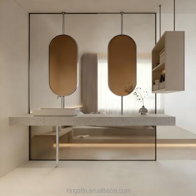 China Kingstin Nordic Style Suspender Runway Style Back Illuminated Hotel Bathroom Mirror Ceiling Suspended Mirror for sale