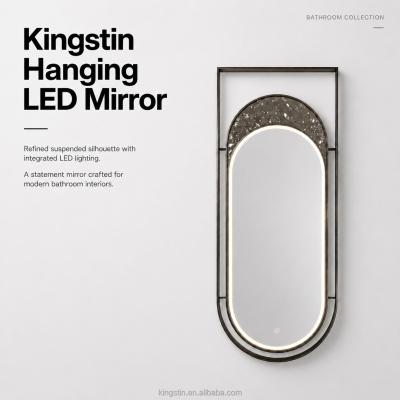 China Kingstin Hanging LED Bathroom Mirror, Oval Backlit Vanity Mirror with Water Ripple Design, Customizable Size, Defogger for sale
