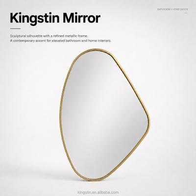 China Kingstin Custom Irregular LED Bathroom Mirror, Asymmetrical Backlit Vanity Mirror, Gold Frame Pebble Wall Mirror for sale