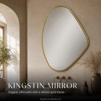 China Kingstin Custom Irregular LED Bathroom Mirror, Asymmetrical Backlit Vanity Mirror, Gold Frame Pebble Wall Mirror for sale