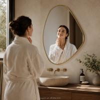 China Kingstin Custom Irregular LED Bathroom Mirror, Asymmetrical Backlit Vanity Mirror, Gold Frame Pebble Wall Mirror for sale