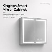 China Kingstin Custom LED Bathroom Mirror Cabinet Aluminum Smart Medicine Cabinet with Defogger Clock Touch Light for sale