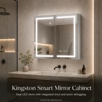 China Kingstin Custom LED Bathroom Mirror Cabinet Aluminum Smart Medicine Cabinet with Defogger Clock Touch Light for sale