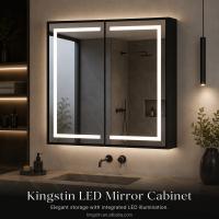 China Kingstin Luxury Customizable LED Bathroom Mirror Cabinet with Anti-Fog Dimmable Light & Adjustable Storage Matte Black for sale