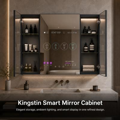 China Kingstin Smart Backlit Stainless Steel LED TV Mirror Cabinet for Luxury Bathroom, 100% Custom Size Layout, for sale