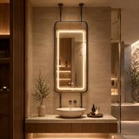 China Kingstin Stainless Steel Suspended LED Bathroom Mirror for Semi-Open Vanities, 3 Color Temperature, Anti-Fog, Custom Rods for sale