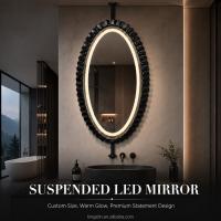 China Kingstin Luxury Floating Suspended LED Mirror with Custom Size Black Stainless Steel Frame for Modern Bathrooms Hotel and Villas for sale