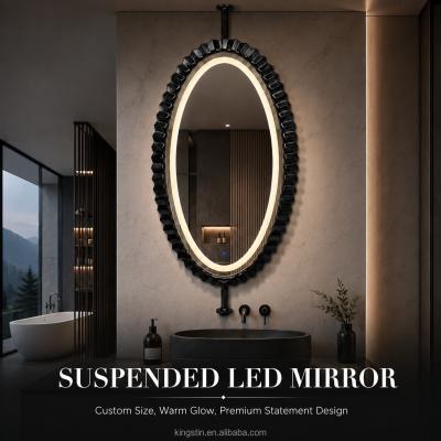 China Kingstin Luxury Floating Suspended LED Mirror with Custom Size Black Stainless Steel Frame for Modern Bathrooms Hotel and Villas for sale