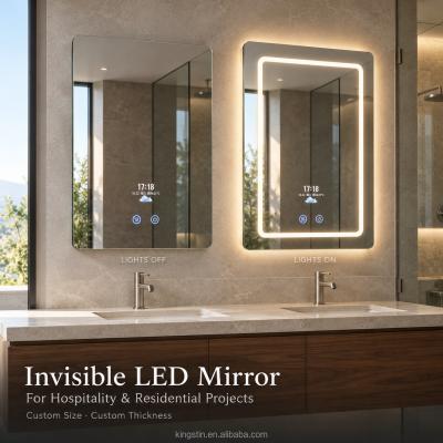 China Kingstin Invisible LED Bathroom Mirror for Refined Spaces, Frameless Glass, Weather Time Date, Defogger, 3 Colors, Made to Fit for sale