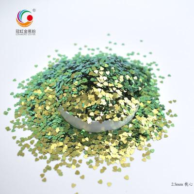 China Gold Green Heart Shaped Chameleon Glitter Powder - PET Material, High Temperature Resistant, 1KG MOQ, 15,000kg Monthly Supply for sale