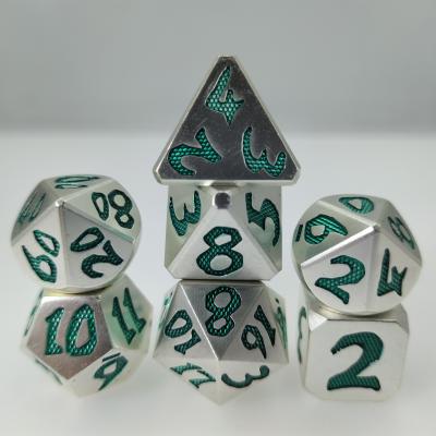 China Wholesale Glow Green Metal DND Dice7 Piece Nontoxic Polyhedral Dice Set Light Green Through Silver Material for sale