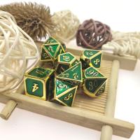 China Custom Metal Dice Set Finish Size 16mm-22mm Gaming Dice Set 7 Piece Polyhedral Gilt Green for sale