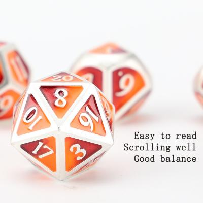 China Customized metal DND dice color solid polyhedron metal dice set with silver numbers, used for chessboard game D & D for sale
