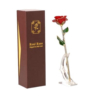 China Manufacture Supply 24K Gold Plated Real Preserved Fresh Rose Gold Rose in Wood Christmas Valentine for sale