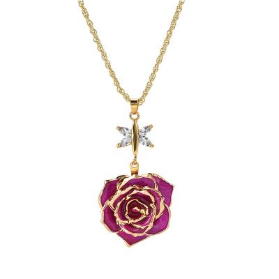 China 24K Gold Trimmed Rose Necklaced/Gold Plated Natural Rose Necklace Preserved Real Flower  for Mother's Day and Christmas   Gift for sale