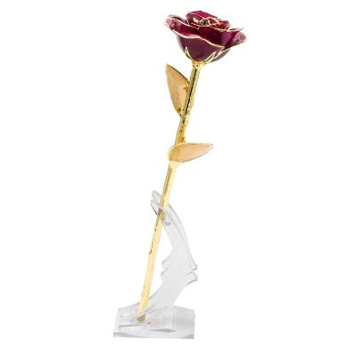 China 24k Gold Trimmed Purple Rose with Gold Leaf  Girlfriend Gift 24k Gold Plated Natural Rose for Valentine's , Mother's Day Gifts for sale