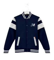 China Customized Two-Tone Baseball Jacket Navy Blue White 30th Anniversary Logo Embroidery for sale