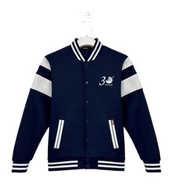 China Customized Two-Tone Baseball Jacket Navy Blue White 30th Anniversary Logo Embroidery for sale