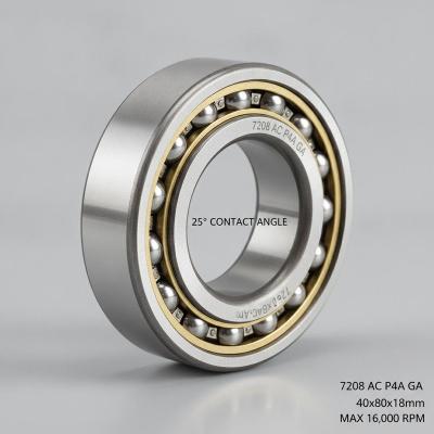 China 7208 AC P4A GA Angular Contact Ball Bearing with 25° Contact Angle 40x80x18mm for 16,000 RPM CNC Spindles for sale
