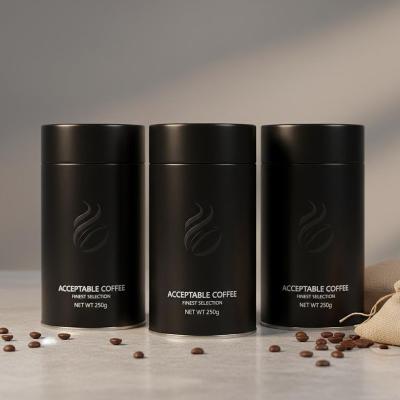 China Matte Black Cylindrical Coffee Tin Can Dia110xH99mm Food Grade with Embossed Logo for Coffee Packaging for sale