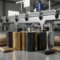 China Embossed Logo Coffee Tin Cans 250ml Matte Black High Speed Auto Equipment for Coffee Beans Ground Coffee for sale