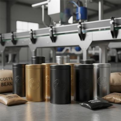 China Embossed Logo Coffee Tin Cans 250ml Matte Black High Speed Auto Equipment for Coffee Beans Ground Coffee for sale