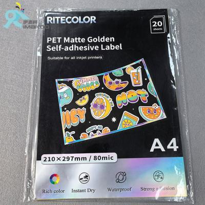 China 80mic Matte Gold PET Label Sticker Paper Inkjet Printing Waterproof Metallic Texture A4 A3 Full Sheet for sale