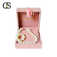 China Pink Sqaure Velvet Jewelry Gift Boxes With Tassel Gold Stamping Foam Insert for sale