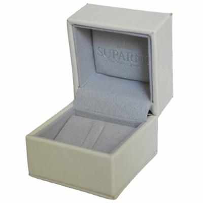 China Top Pu Leather Ring Box Suede Filled Velvet Insert Silver Stamping Logo Handmade Beige Color for sale