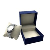 China Blue Suede Gift Watch Box With  Gold Foil Logo White Foam Insert for sale