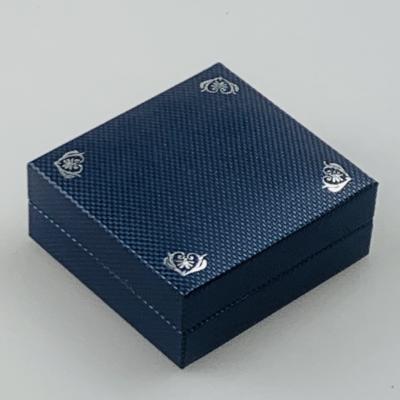 China Blue Embossed Paper Ring Box Silver Stamping Pattern White Velvet Insert Jewelry Packaging Display for sale
