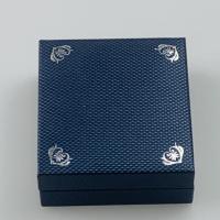 China Blue Embossed Paper Ring Box Silver Stamping Pattern White Velvet Insert Jewelry Packaging Display for sale