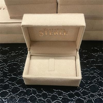 China OEM Beige Suede Jewelry Box Hot Stamping Logo For Engagement Rings Storage Packing Box for sale