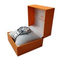 China Glossy Printing Paper Watch Box Orange Color Custom Logo With Foam Pillow for sale