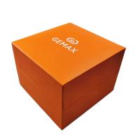 China Glossy Printing Paper Watch Box Orange Color Custom Logo With Foam Pillow for sale