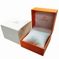 China Glossy Printing Paper Watch Box Orange Color Custom Logo With Foam Pillow for sale
