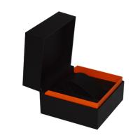 China plastic cover Watch Paper Box leather insert black orange customized for sale