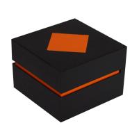China plastic cover Watch Paper Box leather insert black orange customized for sale