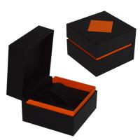 China plastic cover Watch Paper Box leather insert black orange customized for sale