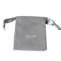 China Light Grey Small Velvet Jewelry Pouch Drawstring Bags Printed Hot Stamping Logo for sale