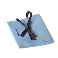China Microfiber Wedding Velvet Jewelry Pouch Bag Morandi Blue with Black Ribbons for sale