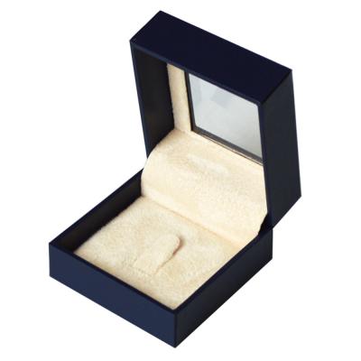 China Plastic Blue Leather Paper Jewelry Box Transparent Window Ring Velvet Insert for sale