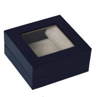 China Plastic Blue Leather Paper Jewelry Box Transparent Window Ring Velvet Insert for sale