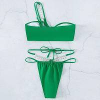 China Diamond Chain Green Swim Suit Bikini Sexy One Shoulder Two Piece Swimsuit High Waist for sale