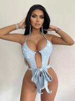 China Solid Color Ladies One Piece Swimsuit Sexy Female Lace Up Bikini Tight Backless Durable for sale