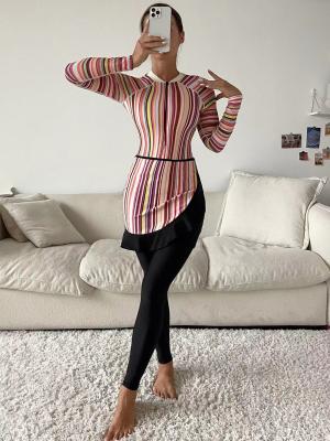 China Conservative Muslimah Swim Wear Dubai Arab Islamic Bathing Suit Striped Long Sleeved for sale